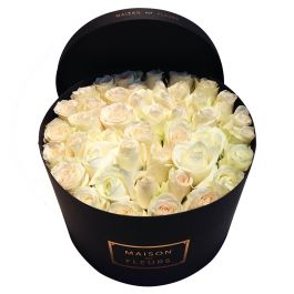White Roses Enclosed in Black Round Box - Maison des Fleurs Lebanon